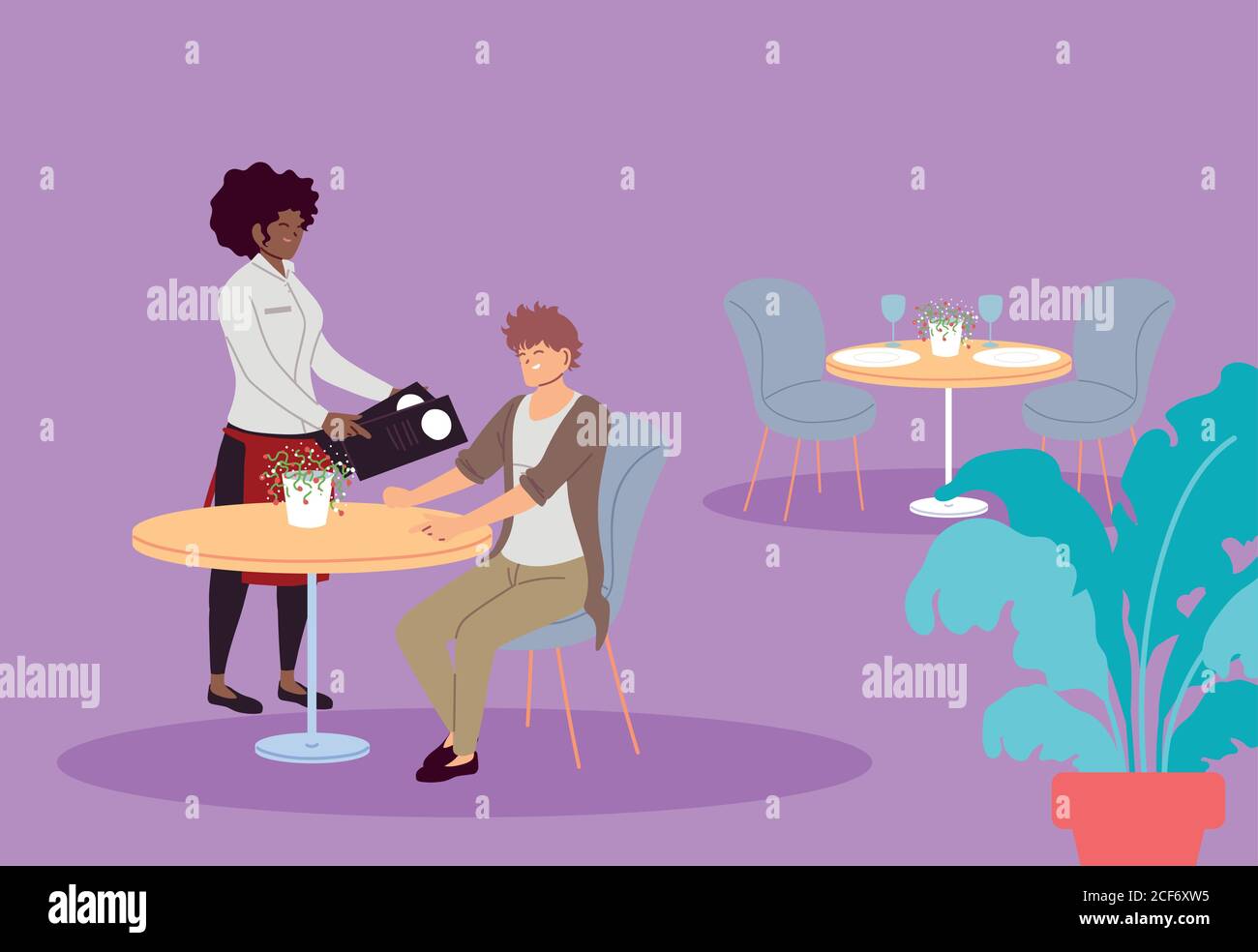 man in restaurant and waitress in uniform taking the order. vector ...