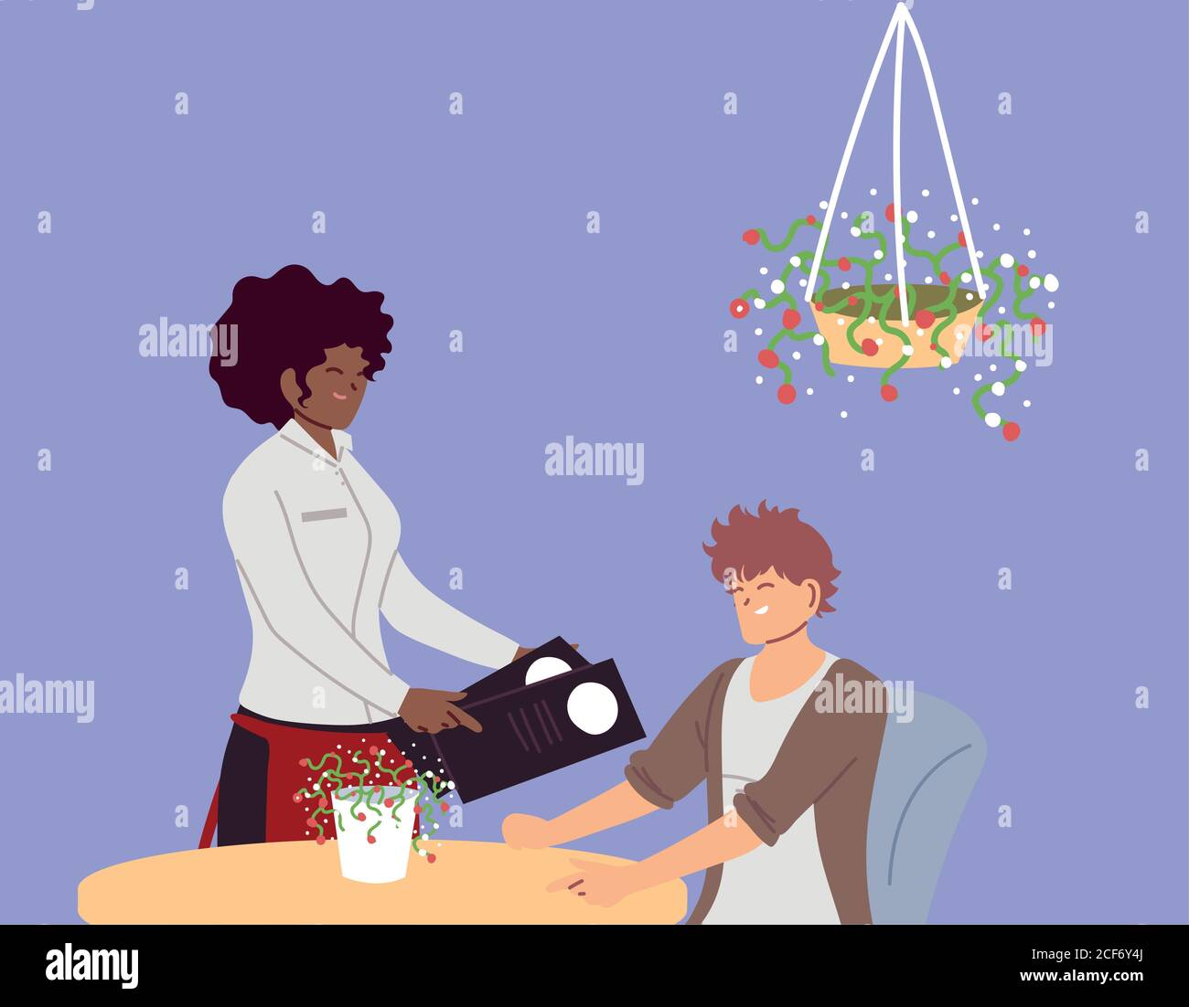 man in restaurant and waitress in uniform taking the order vector ...