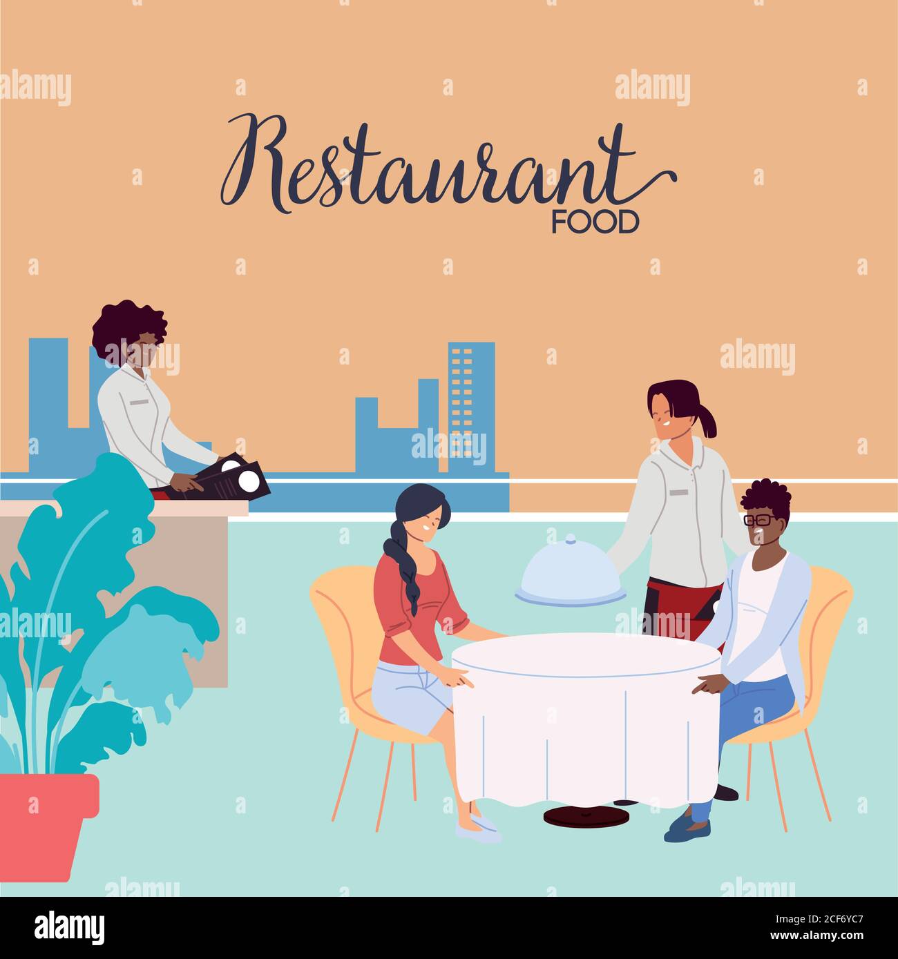 People dining in an upscale outdoor luxury restaurant and waiters ...