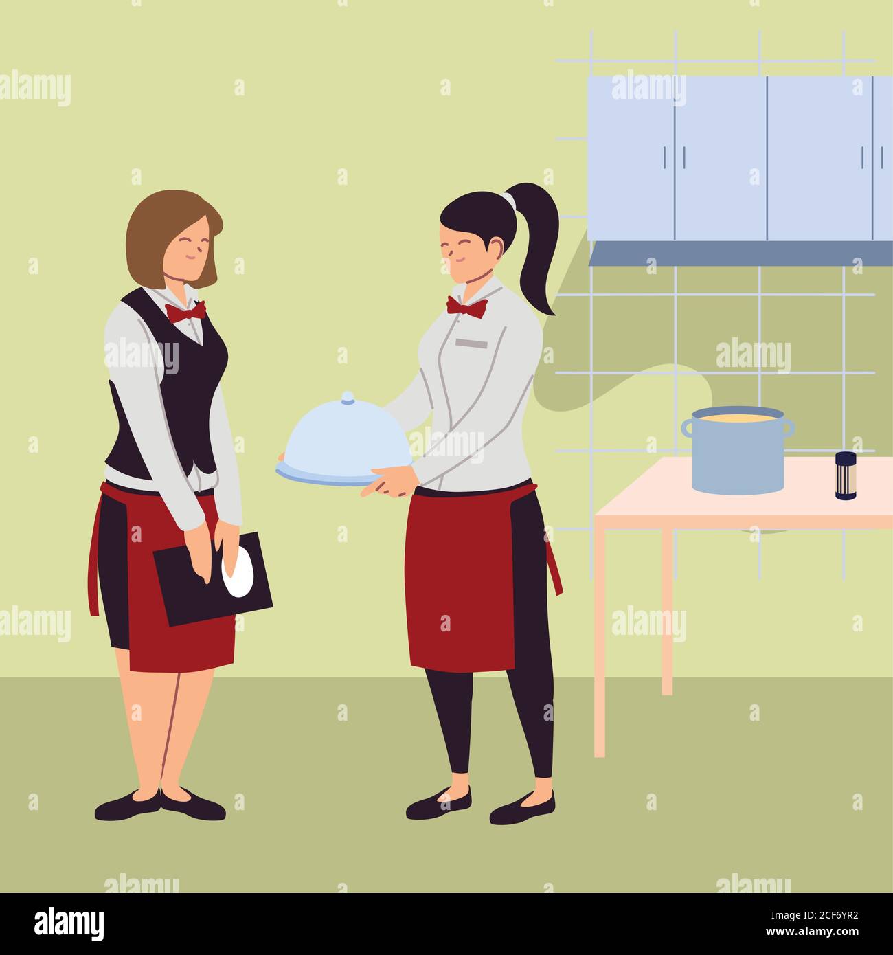 young women of waiters in the kitchen vector illustration design Stock ...