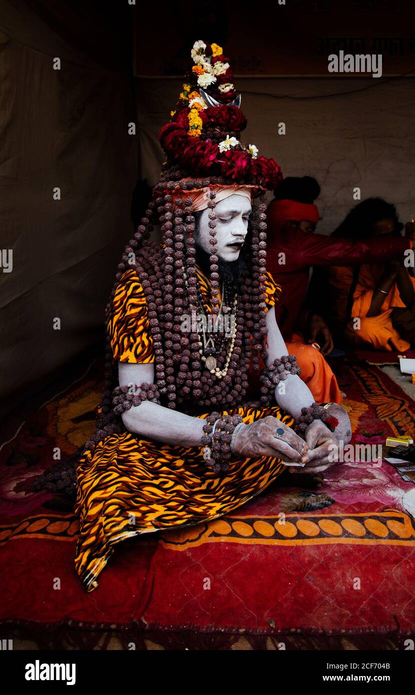 Allahabad city, India - FEBRUARY, 2018: Hindu sadhu holy man with ...