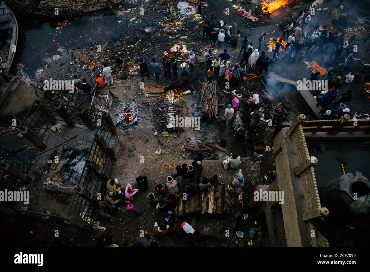 Varanasi, India - February, 2018: Aerial view of place of cremation ...