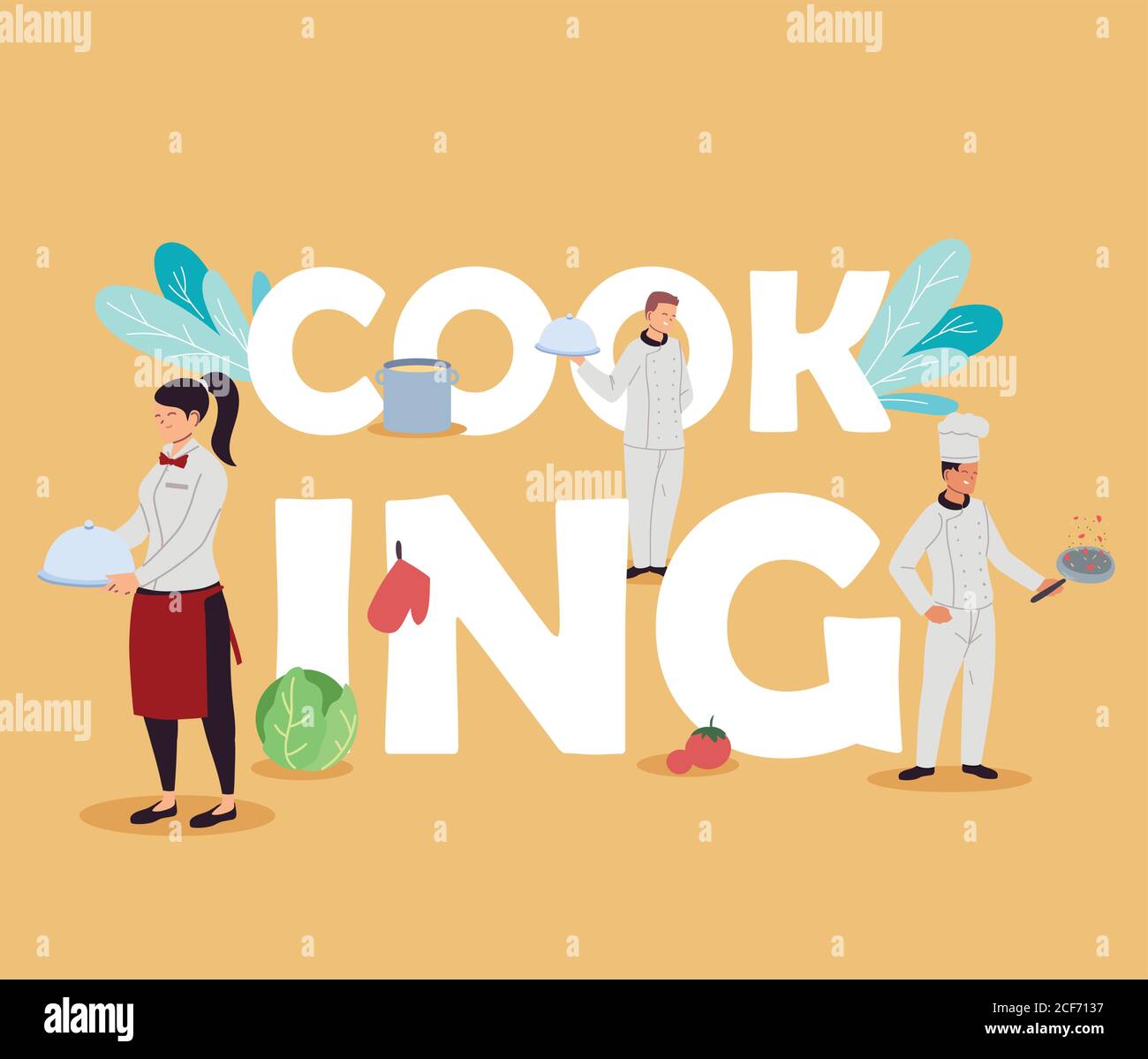 team of chefs and waiters for food buffet vector illustration design ...