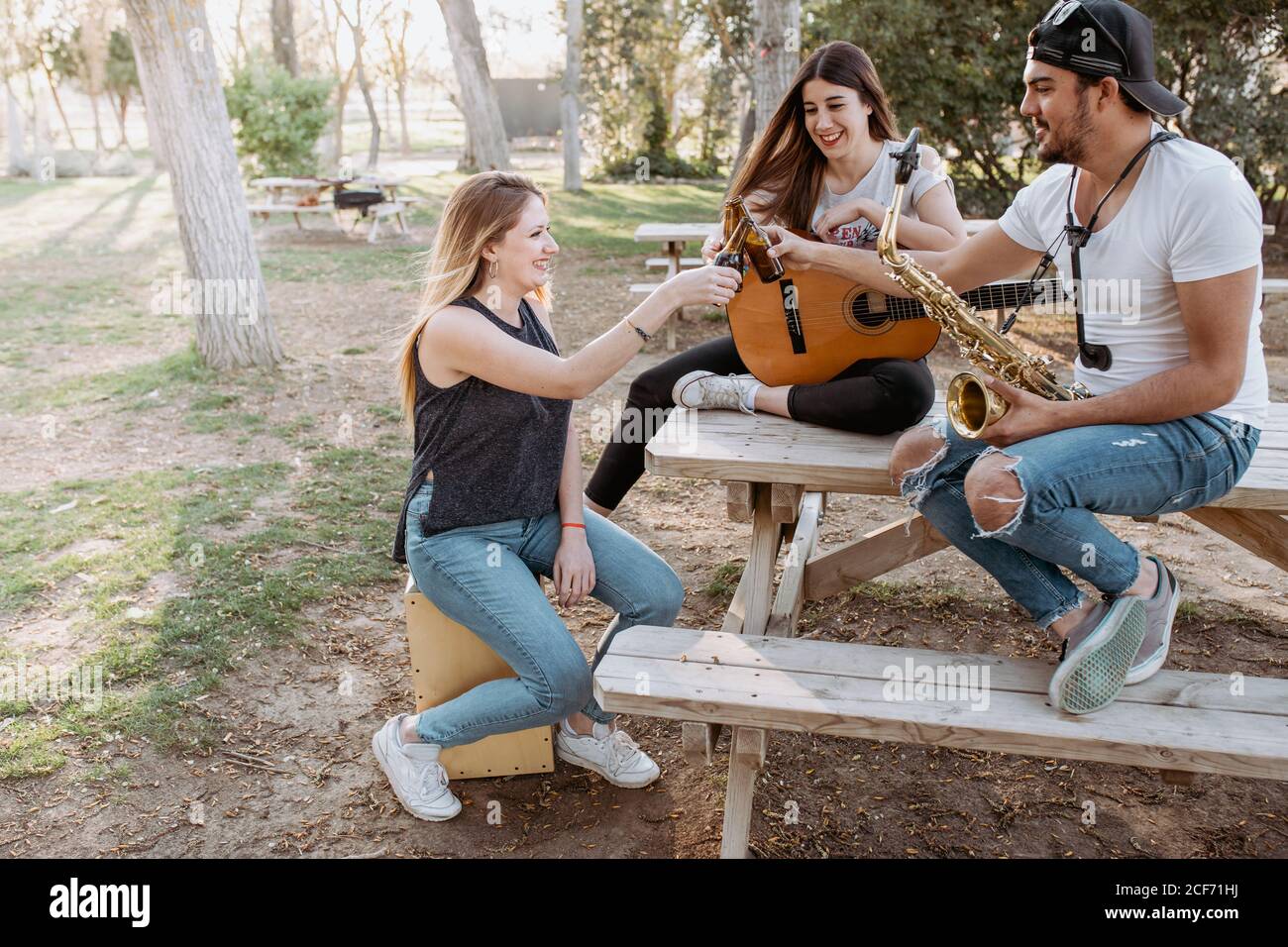 Young musicians drinking beer in park Stock Photo - Alamy