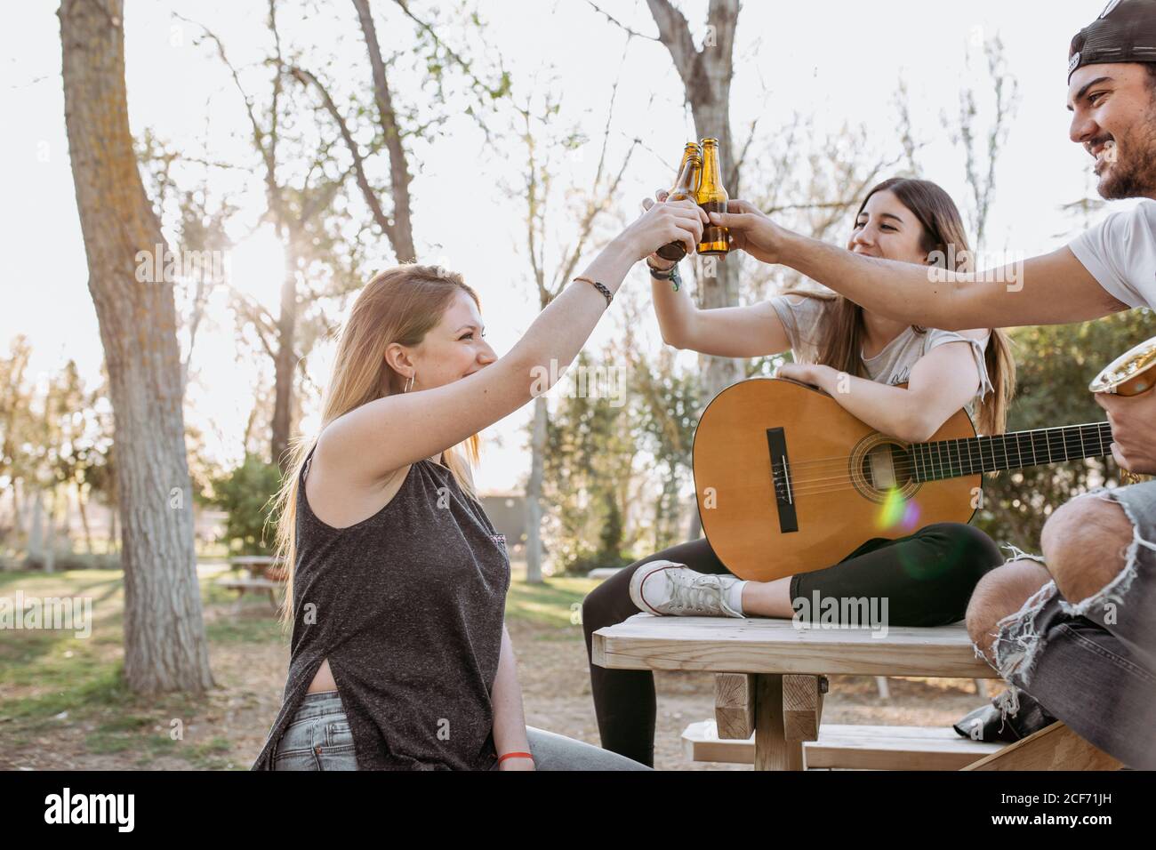 Young musicians drinking beer in park Stock Photo - Alamy