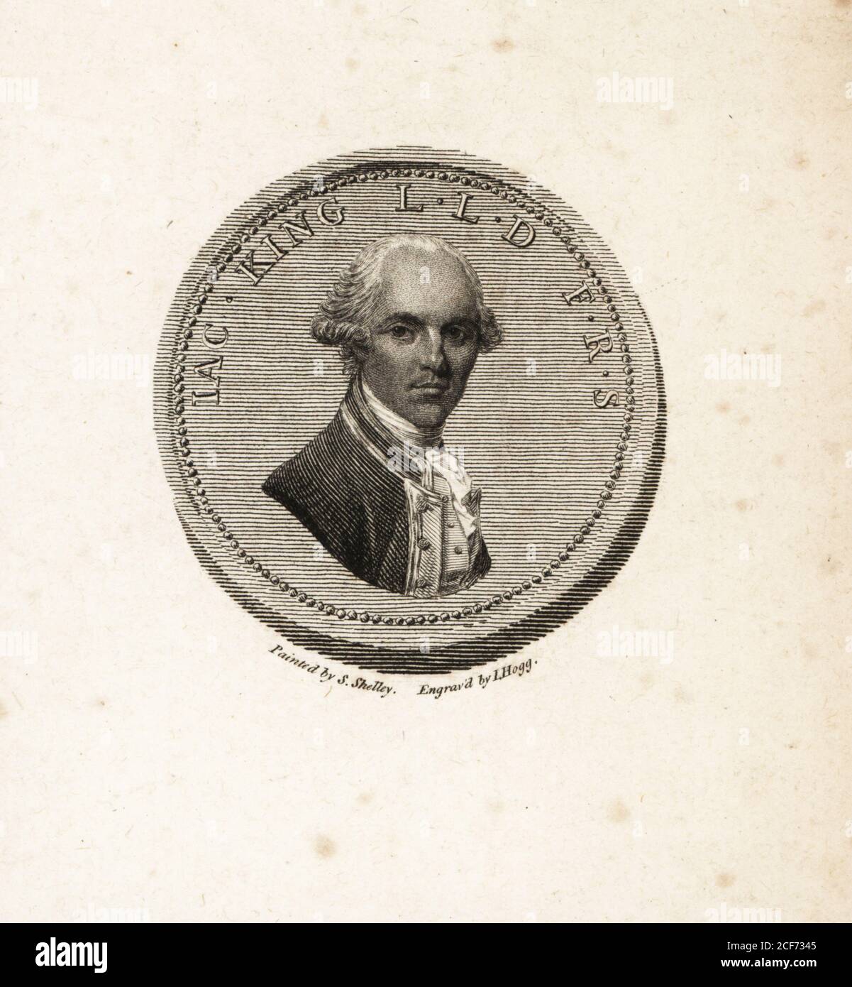 Portrait of Captain James King from a medal. In a wig and naval uniform ...