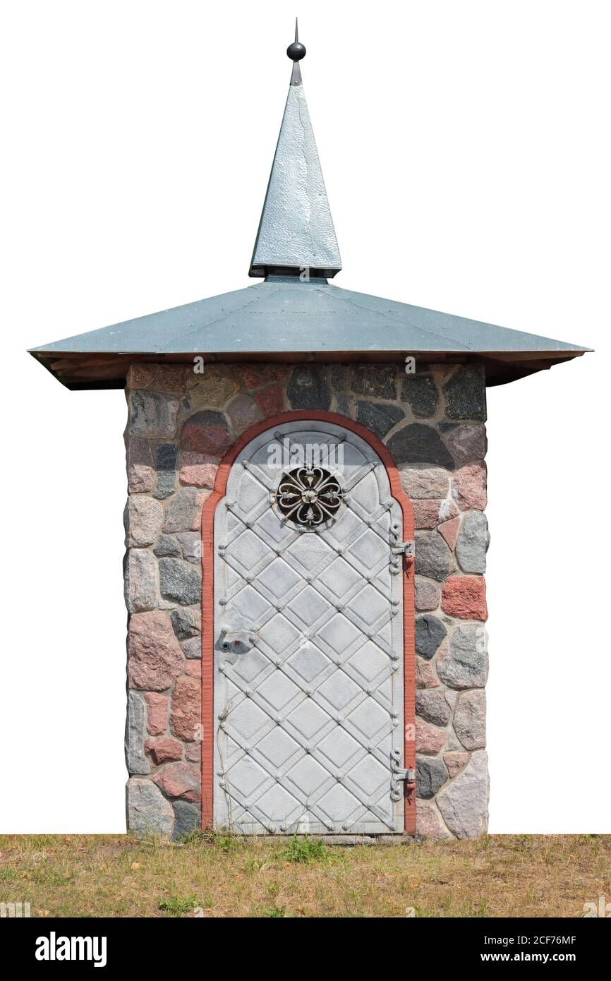 Small rustic barn built of stones in vintage style isolated on white ...