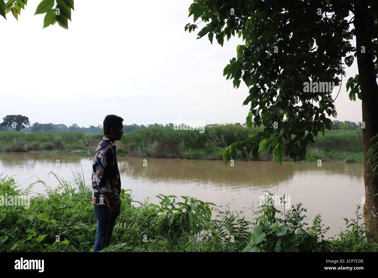 Young boy looking for something in the river Stock Photo - Alamy