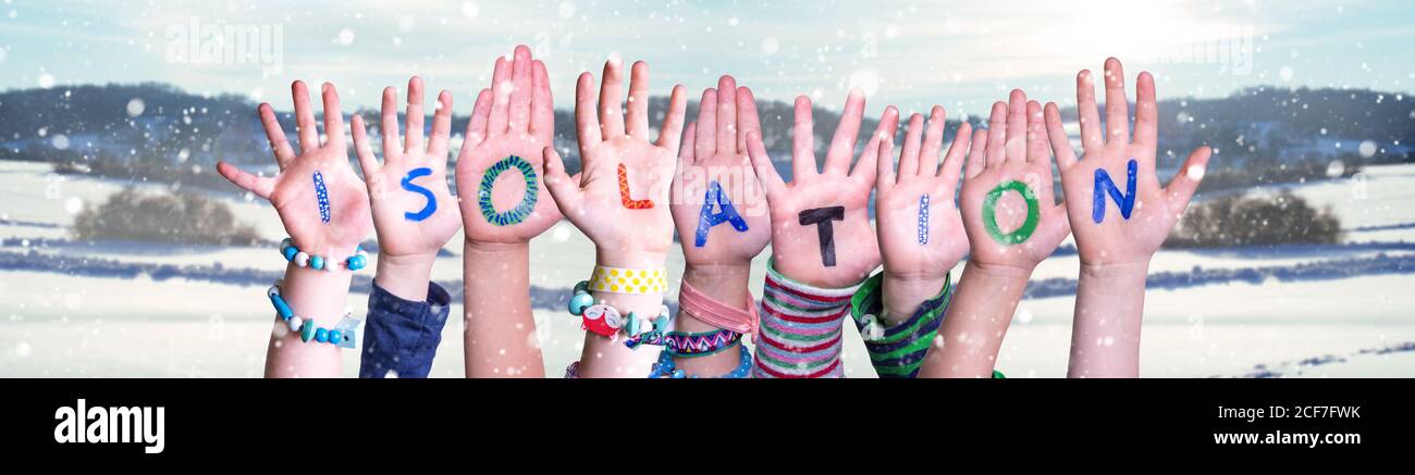 Kids Hands Holding Word Isolation, Snowy Winter Background Stock Photo ...