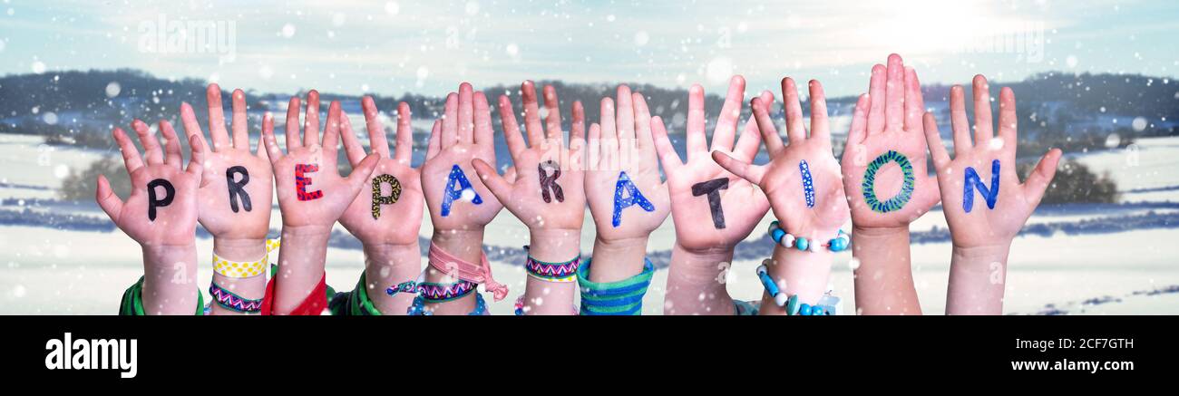 Kids Hands Holding Word Preparation, Snowy Winter Background Stock ...