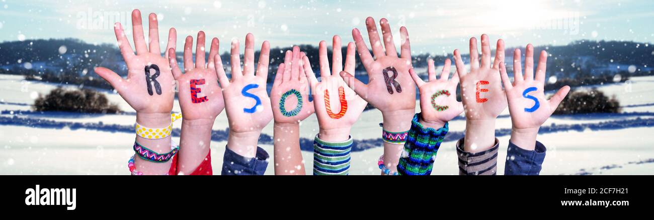 Children Hands Building Word Resources, Snowy Winter Background Stock ...
