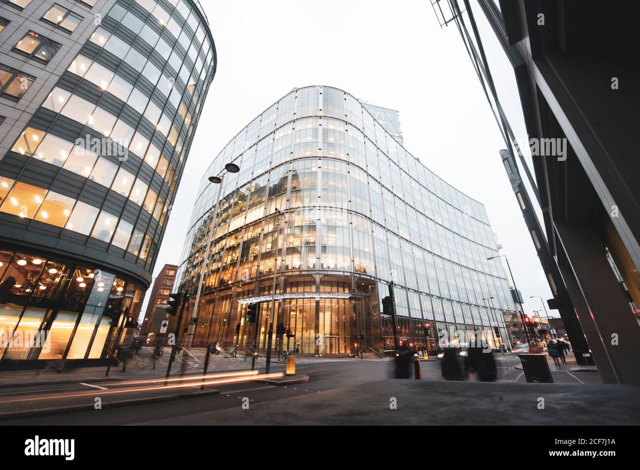 Long exposure new modern building glass facade lights street london hi ...