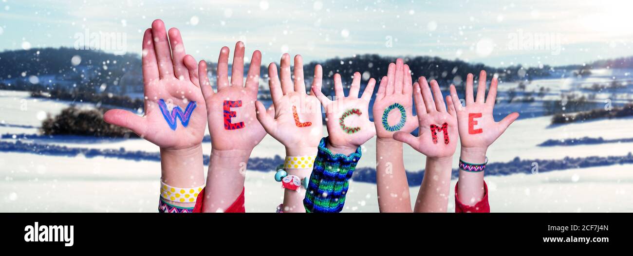 Children Hands Building Word Welcome, Snowy Winter Background Stock ...