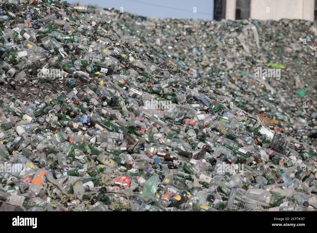 Bucharest, Romania - September 1, 2020: Empty bottles are piled up in a ...