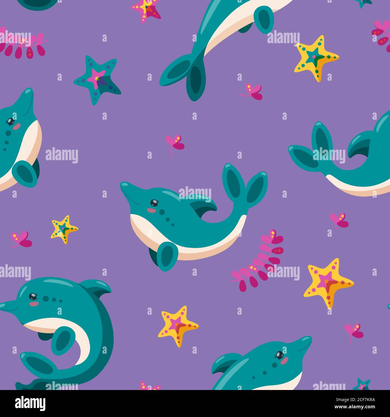 Seamless pattern with dolphins, starfish and seaweed. Pattern for ...