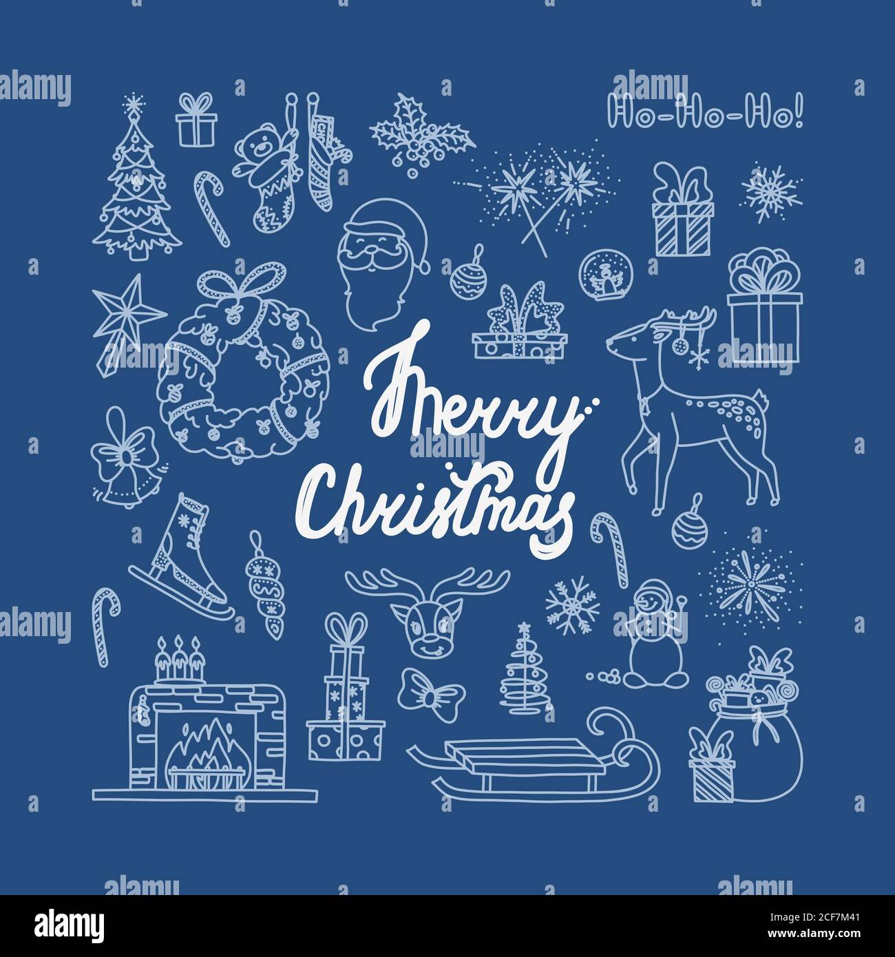 Merry Christmas doodle with all holiday objects. Hand drawn Christmas ...
