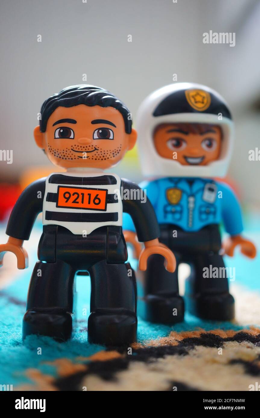 POZNAN, POLAND - Sep 02, 2020: Lego Duplo prisoner standing in front of ...