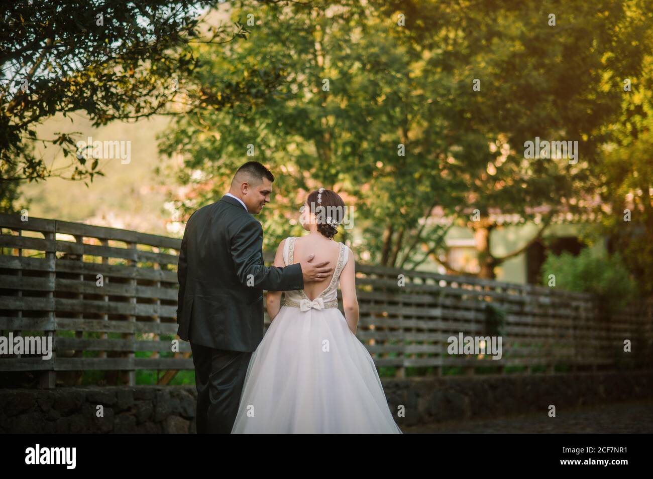 Smiling groom and bride hugging and kissing in park Stock Photo - Alamy