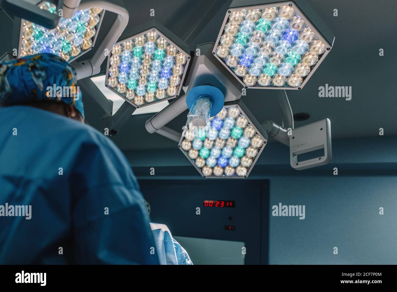 From below high power surgical lamps in operating room of hospital ...