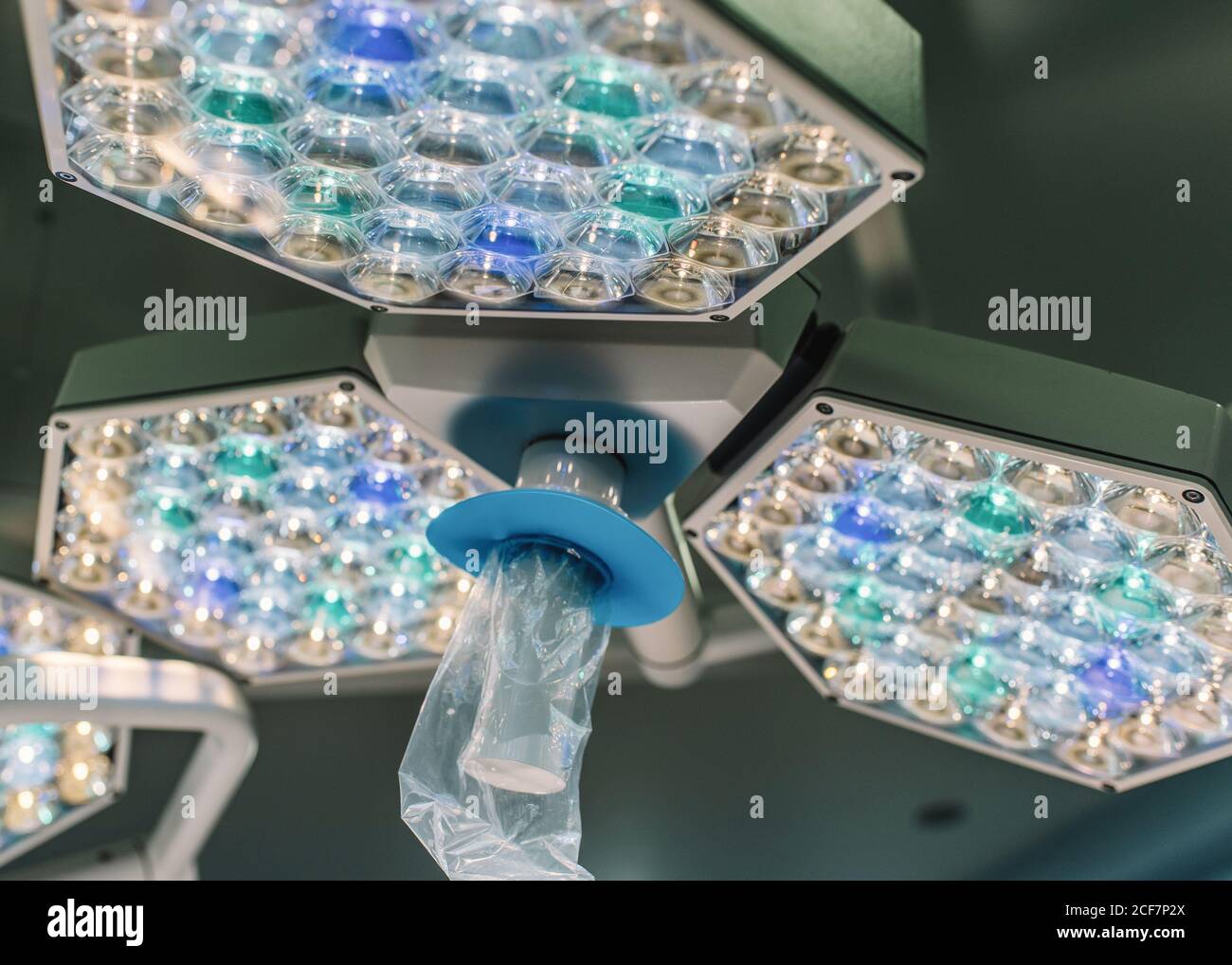 From below high power surgical lamps in operating room of hospital ...