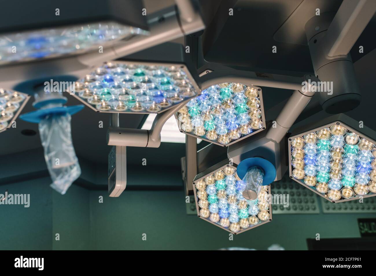 From below high power surgical lamps in operating room of hospital ...