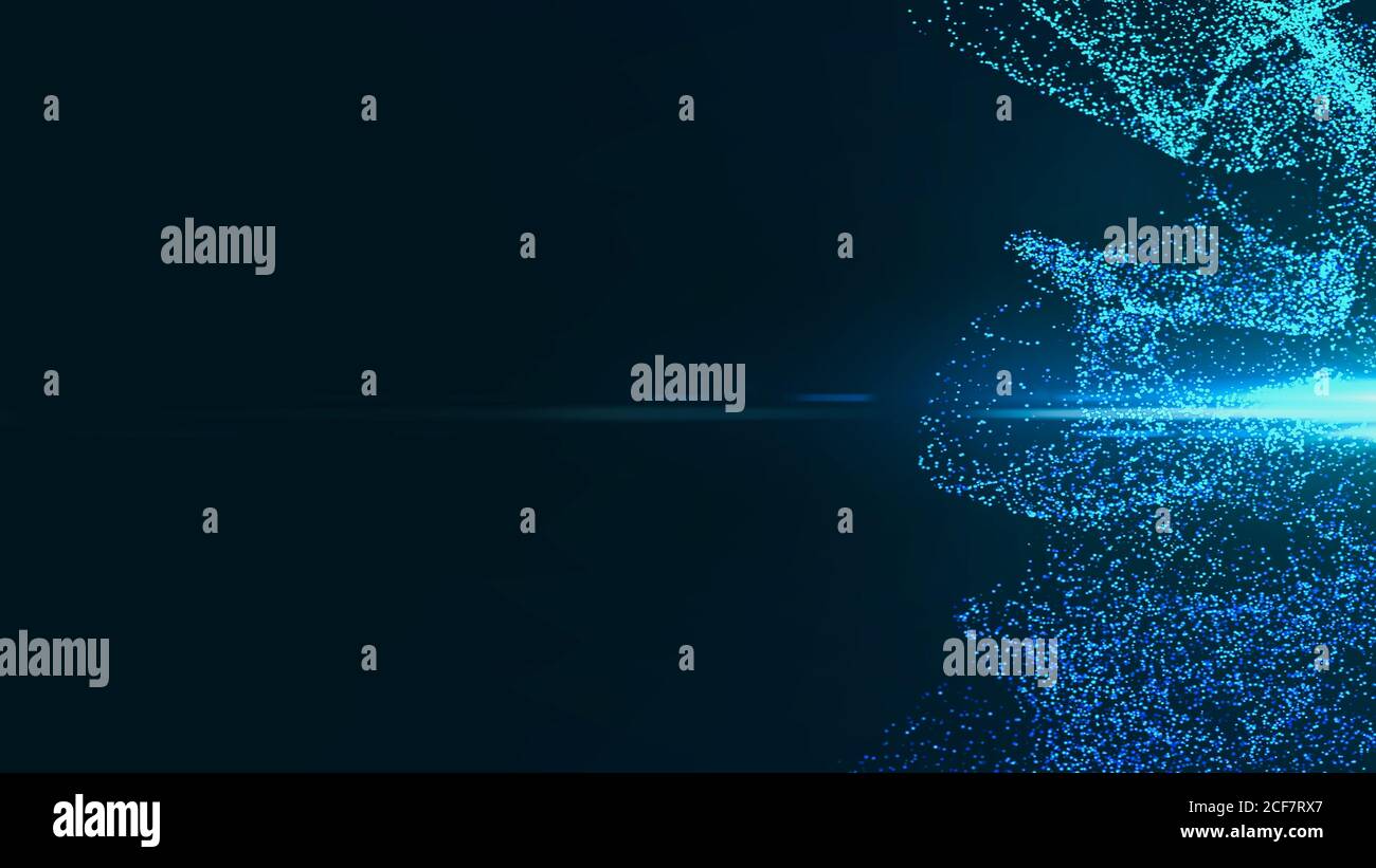 Abstract blue colorful particle wave on side. Small round dot on black ...