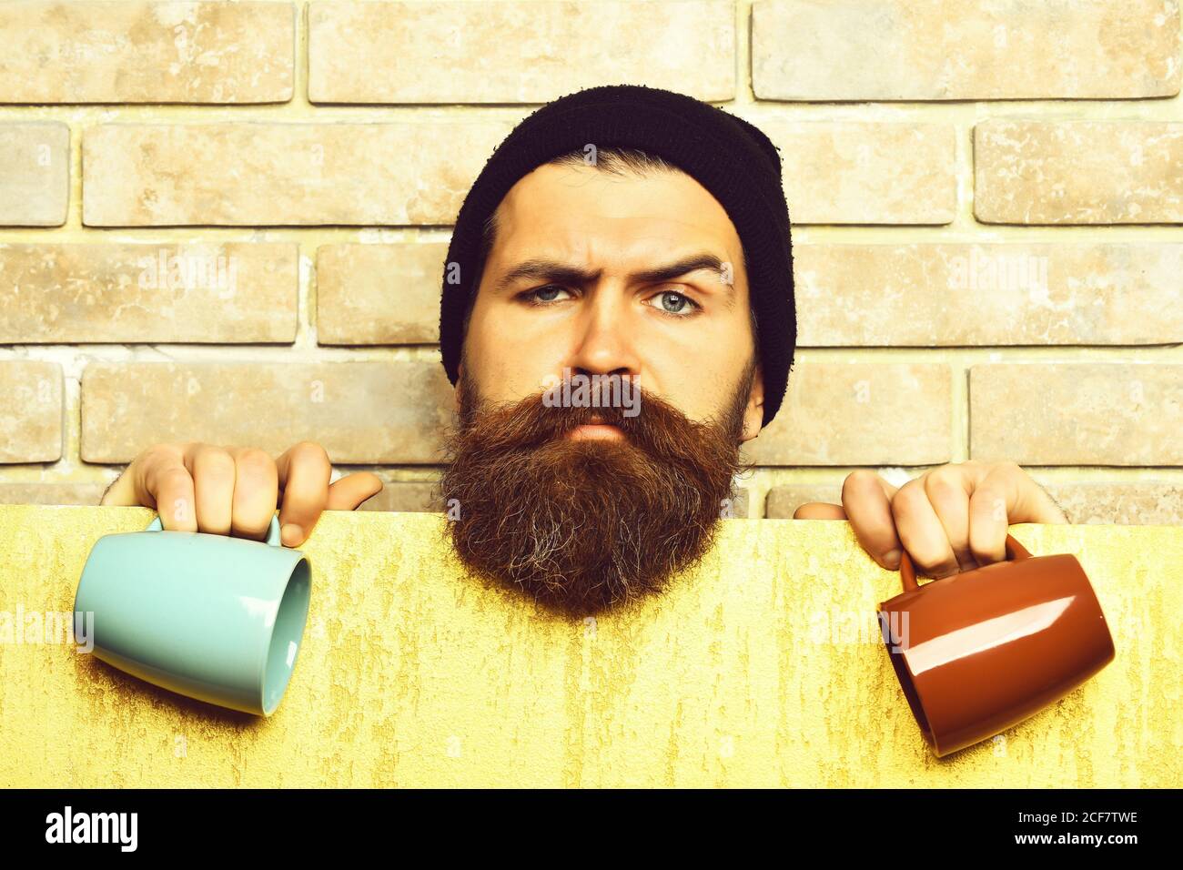 Bearded man, long beard. Brutal caucasian serious unshaven hipster in ...