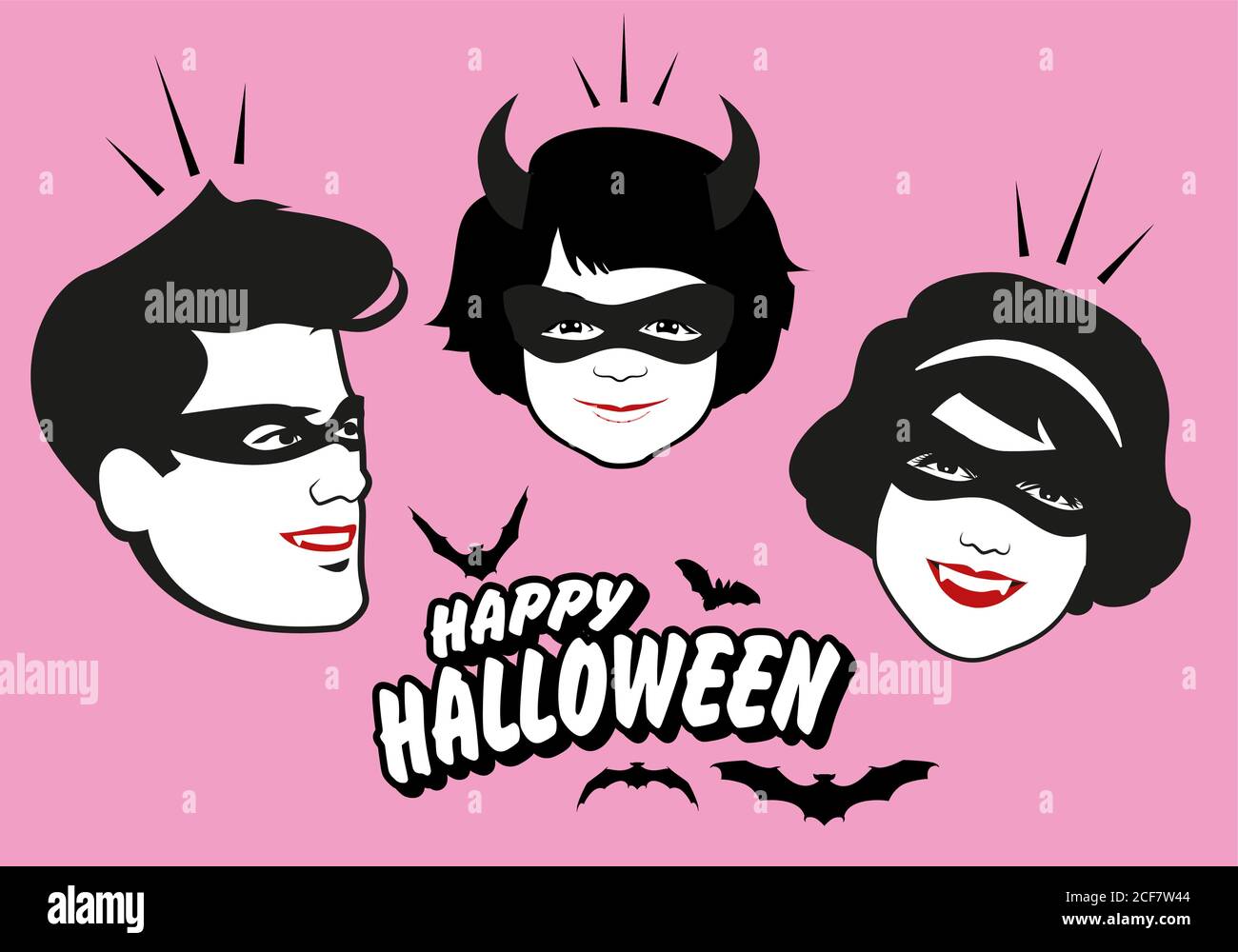 Retro style vampire family wearing masks. Happy Halloween text ...