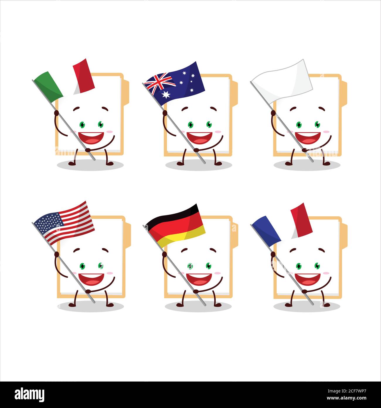 Brown manila folder cartoon character bring the flags of various ...