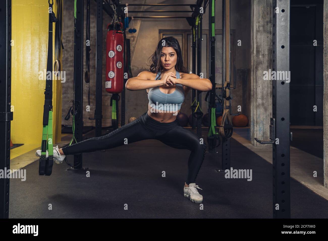 Woman pulling ropes and working out in the gym Stock Photo - Alamy