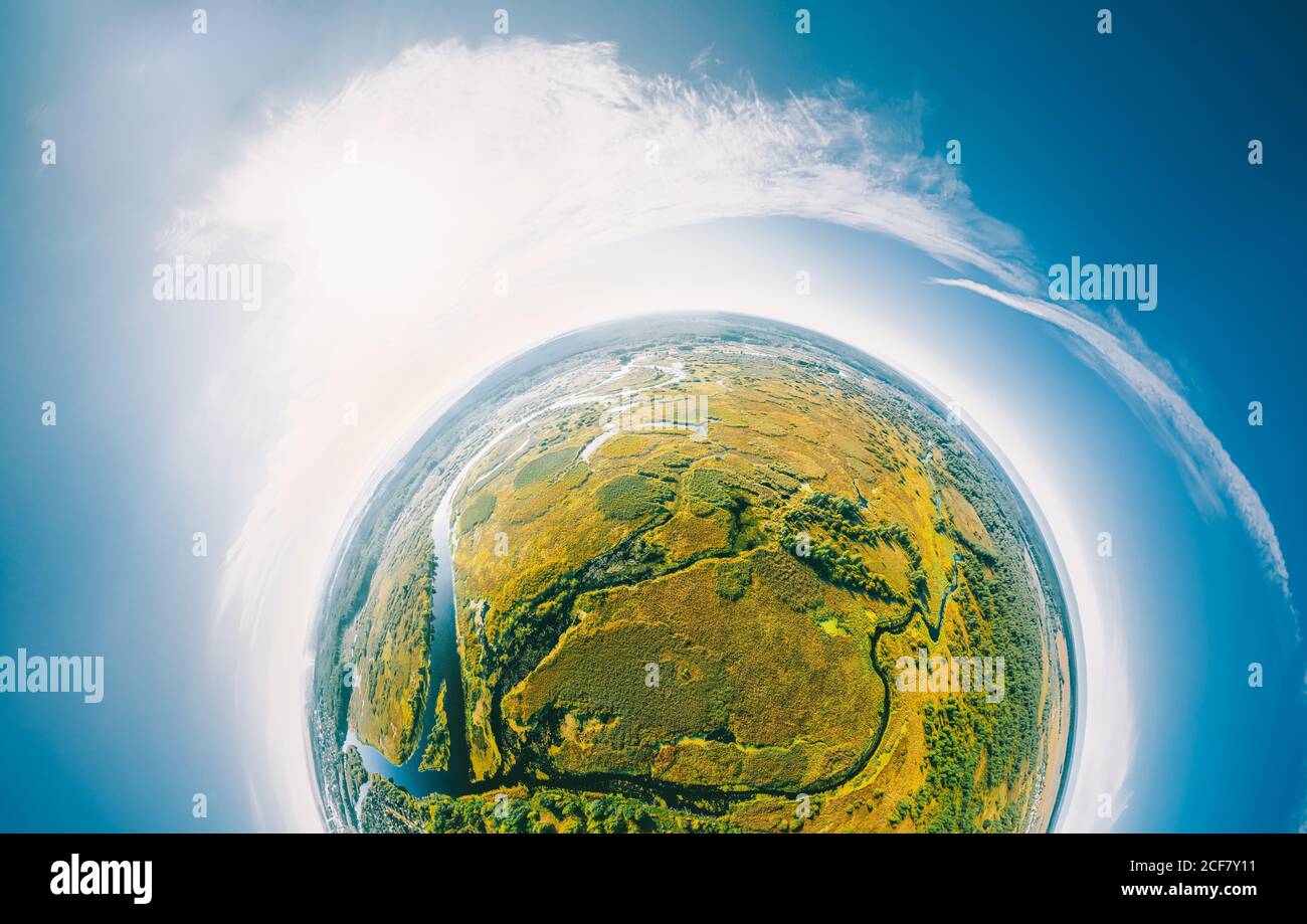 Aerial View Green Forest Woods And River Landscape In Sunny Summer Day ...