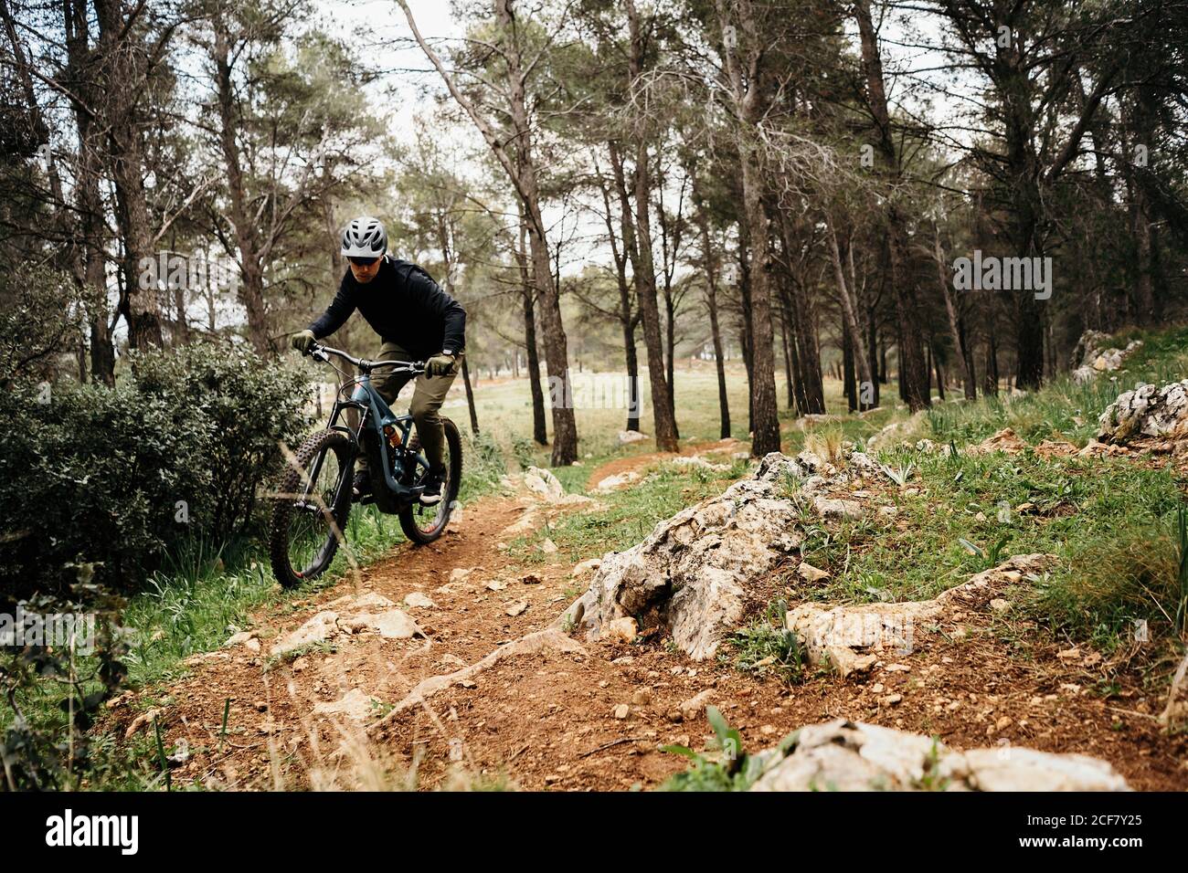 Full body man in helmet riding bicycle on stony path against trees ...