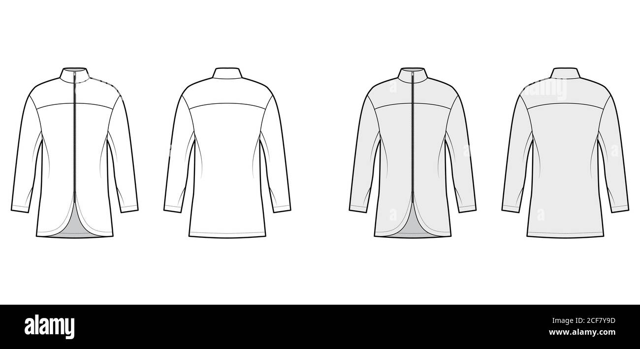 Zip-up shirt technical fashion illustration with relaxed fit, high ...