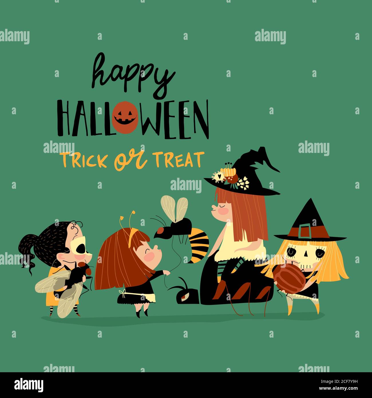 Cute little Halloween redheaded witches with insects Stock Vector Image ...