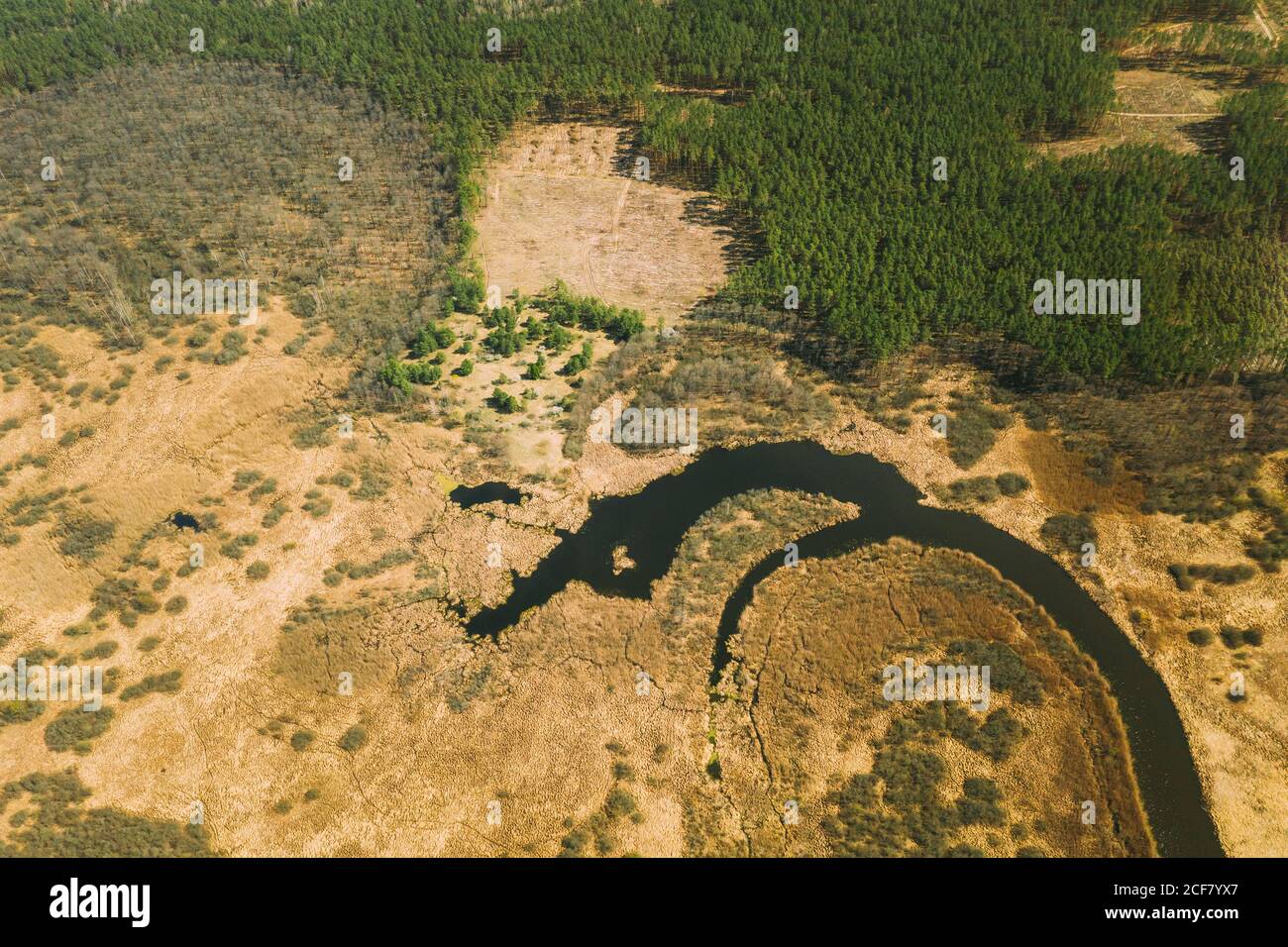 Aerial View Curved River In Early Spring Landscape. River bends Curves ...