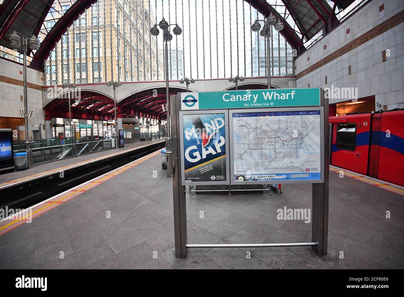 An empty platform at the Canary Wharf DLR station, London, during the ...