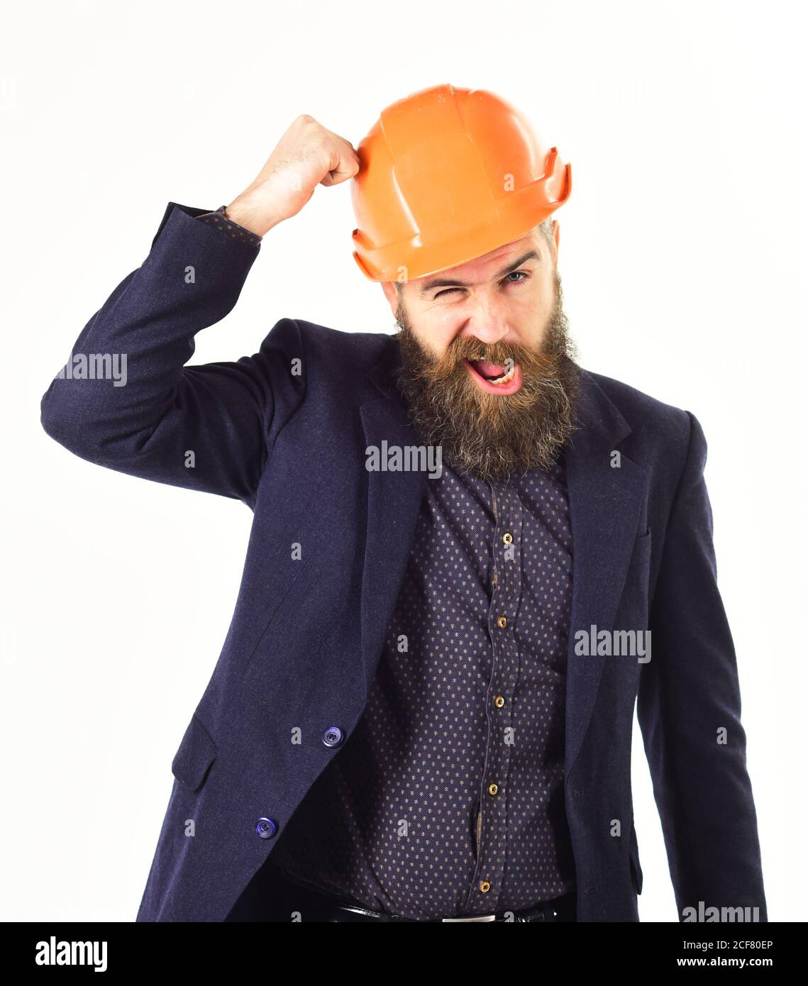 Angry boss concept. Angry boss in construction helmet shouting Stock ...