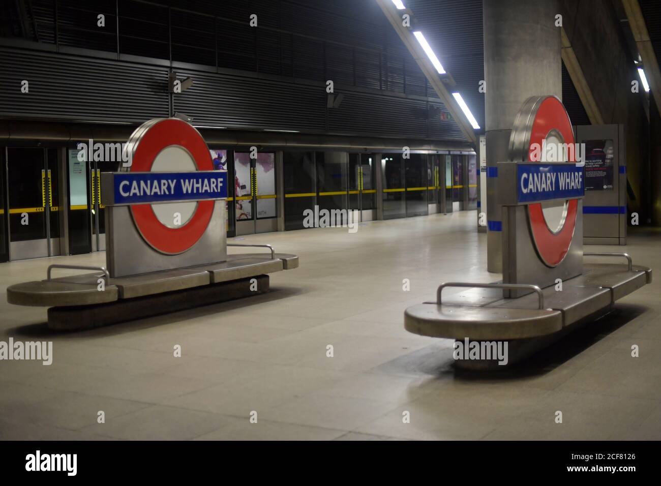 An empty platform at Canary Wharf underground station, London, during ...