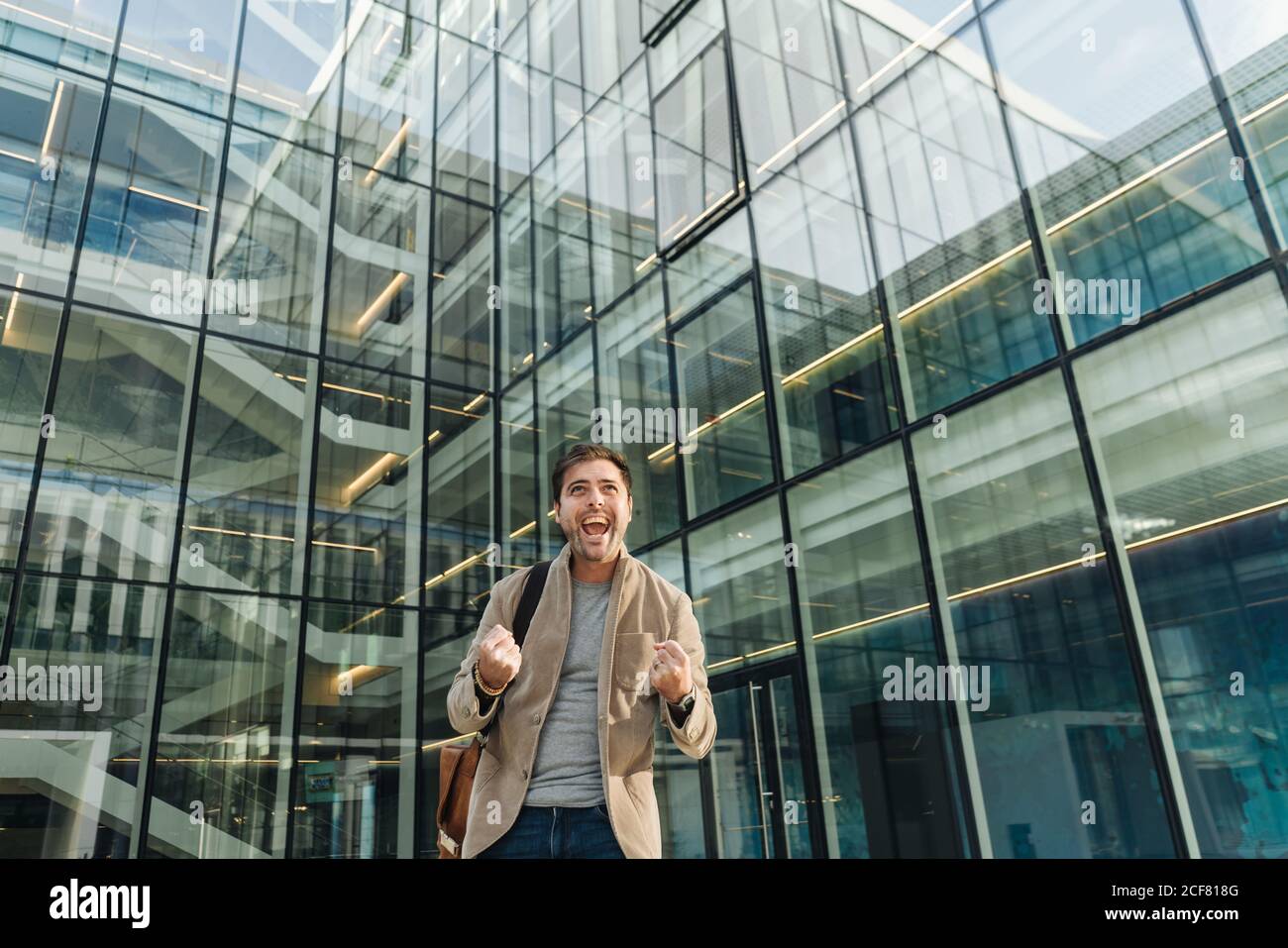 Low angle of optimistic entrepreneur clenching fists and screaming ...