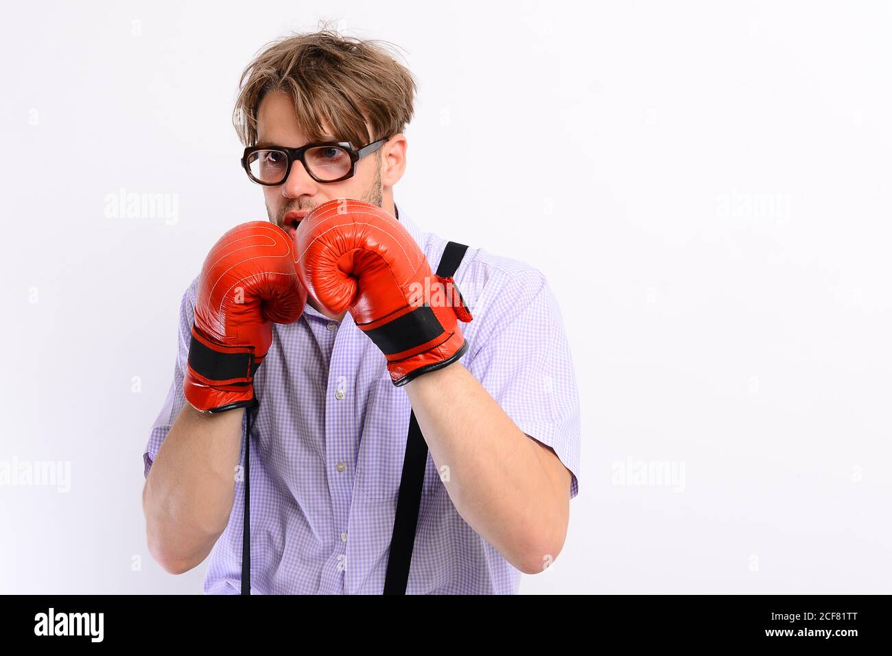 Nerd with leather box equipment isolated on white background. Man with ...