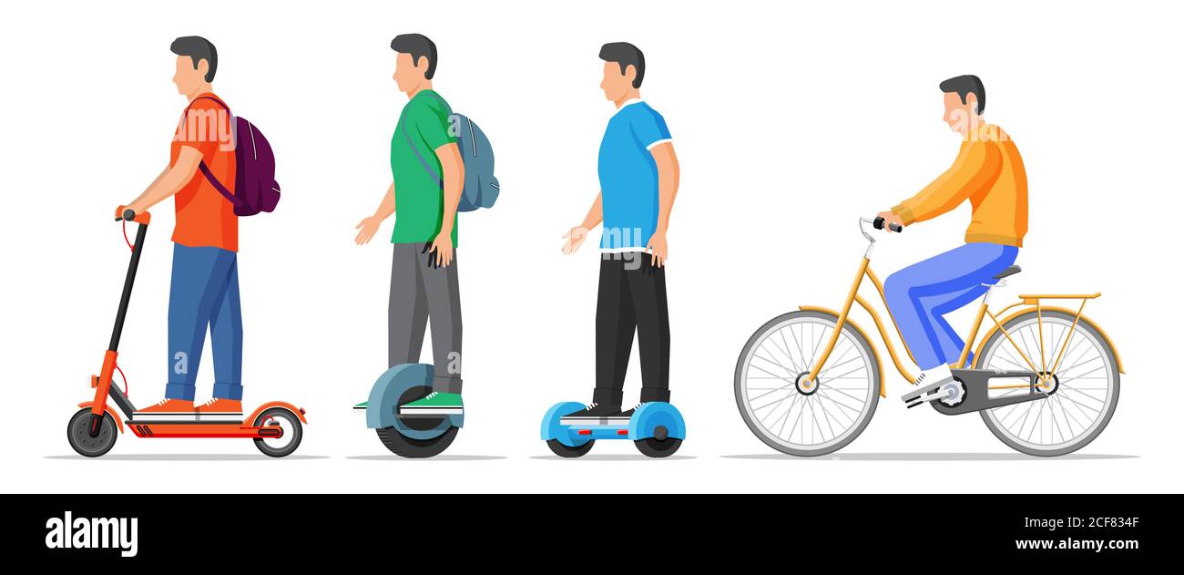 Set of urban transport for leisure. Kick scooter, hoverboard, monocycle ...
