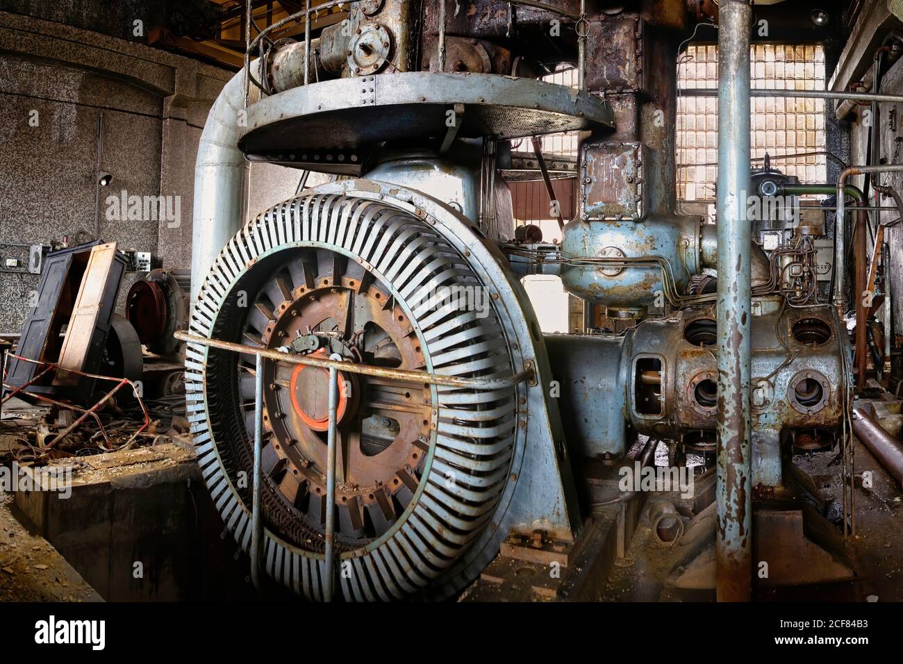 Old gray idle industrial equipment of power generator with various ...