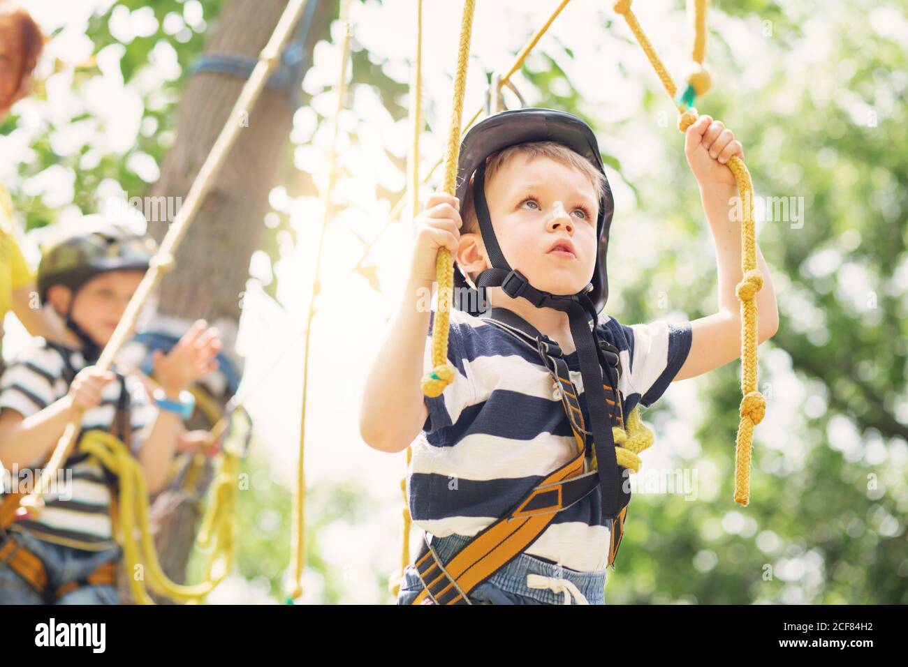 Kids climbing in adventure park. Boy enjoys climbing in the ropes ...