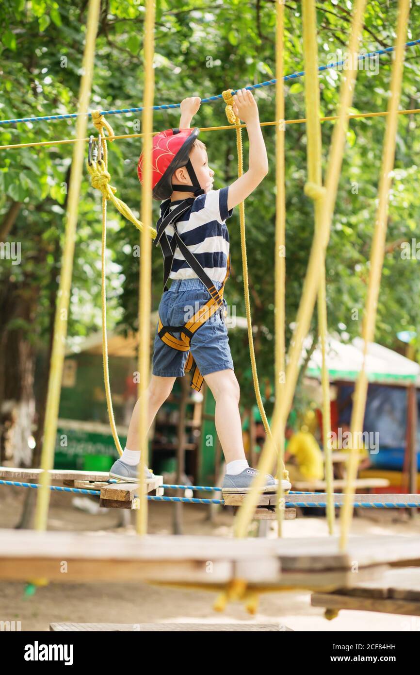 Kids climbing in adventure park. Boy enjoys climbing in the ropes ...