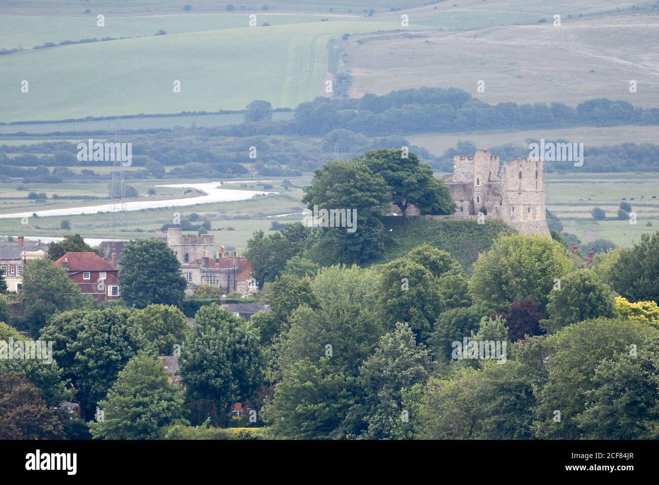 Lewes Castle looking south from surrounding hills. East Sussex, UK ...