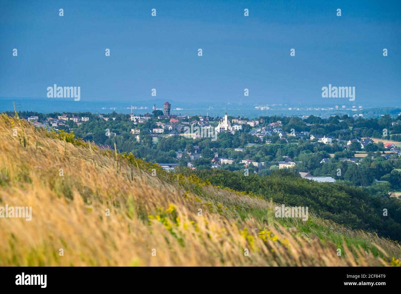 Sunny scenery of a grass hillside on Laziska Gorne's cityscape ...