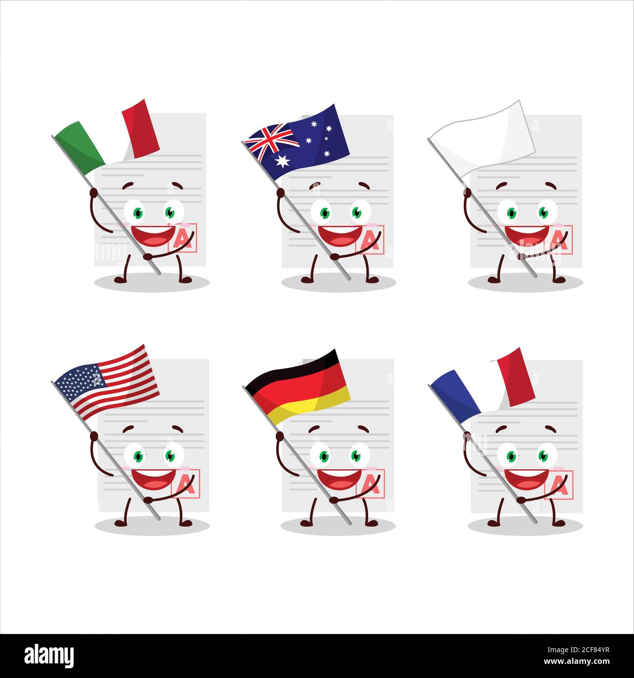 Grades paper cartoon character bring the flags of various countries ...