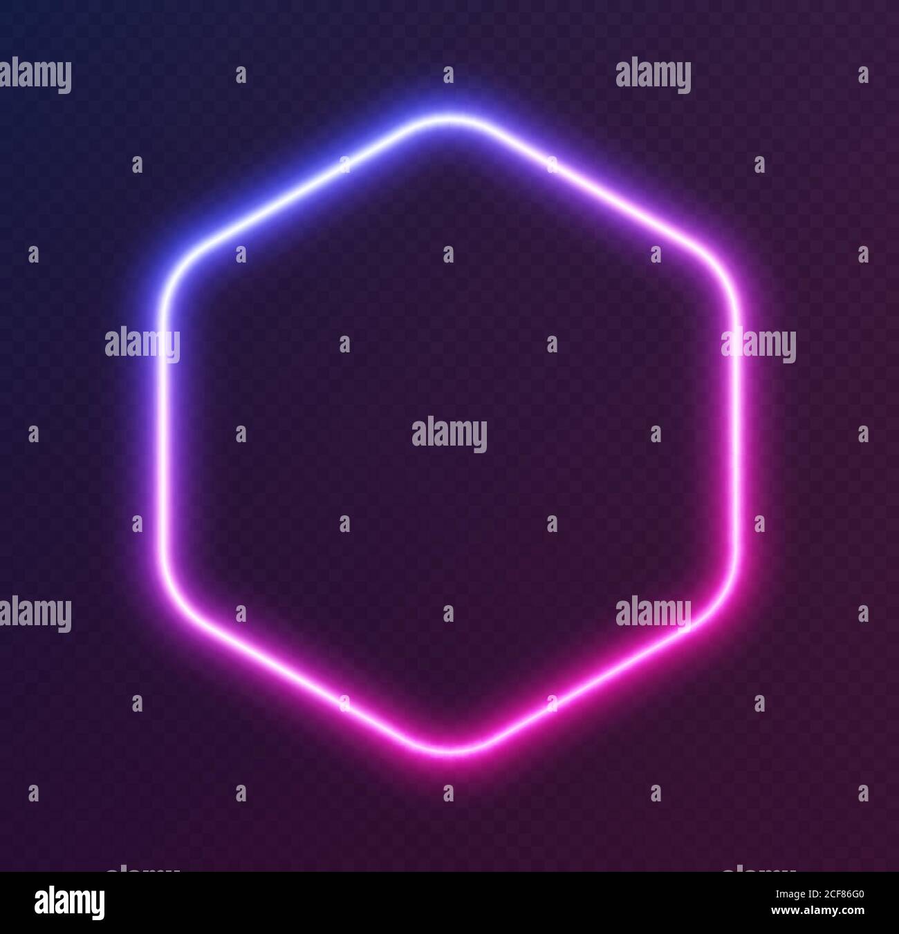Gradient neon hexagon, blue-pink glowing border isolated on a dark ...