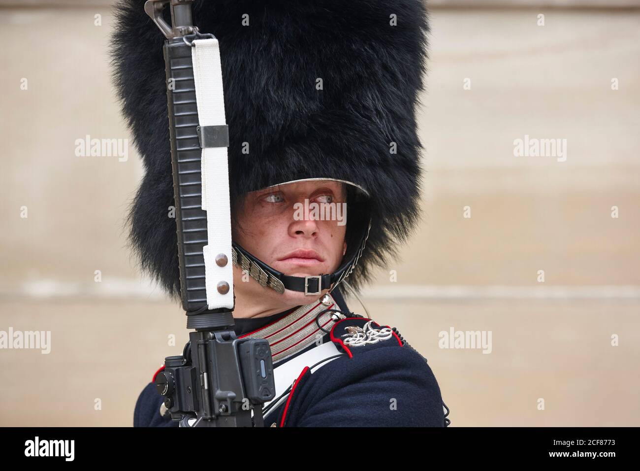 Denmark royal guard sentinel. Copenhaguen tourism landmark ceremonial ...