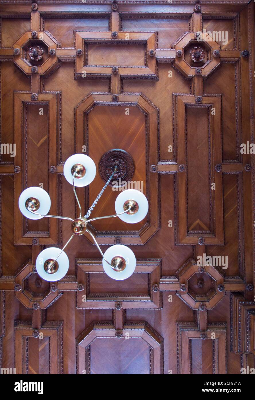 Cassette-patterned wood carving ceiling with geometric shapes in the ...